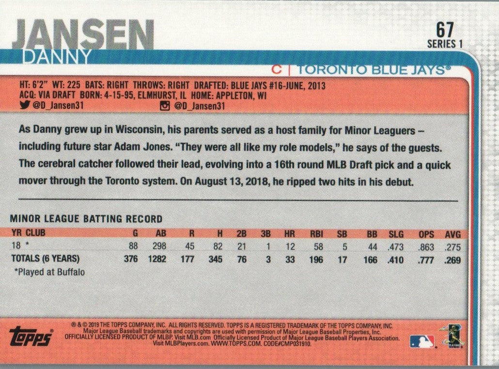 #67 Danny Jansen Toronto Blue Jays RC 2019 Topps Series 1 Baseball ...