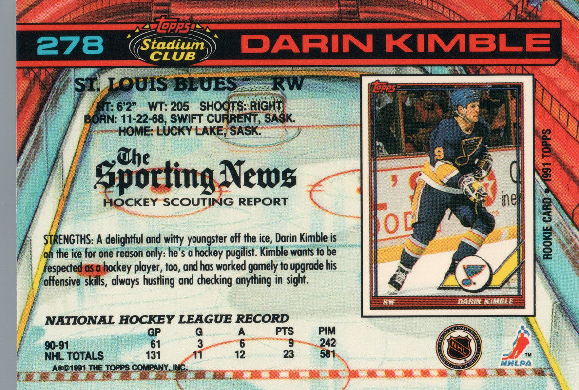 #278 Darin Kimble St Louis Blues 1990-91 Topps Stadium Club Hockey Car ...