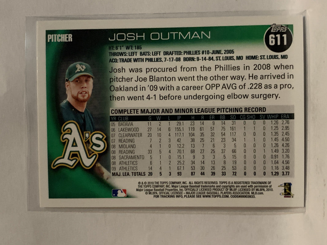 #611 Josh Outman Oakland Athletics 2010 Topps Baseball Card ...